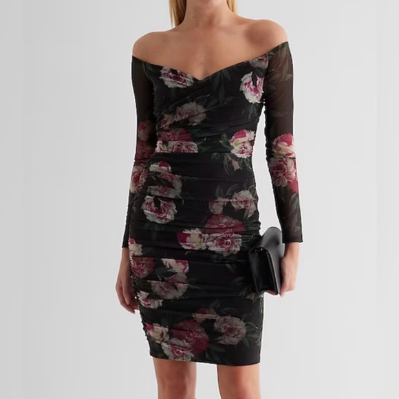 Express | Dresses | Body Contour Mesh Floral Off The Shoulder Ruched ...